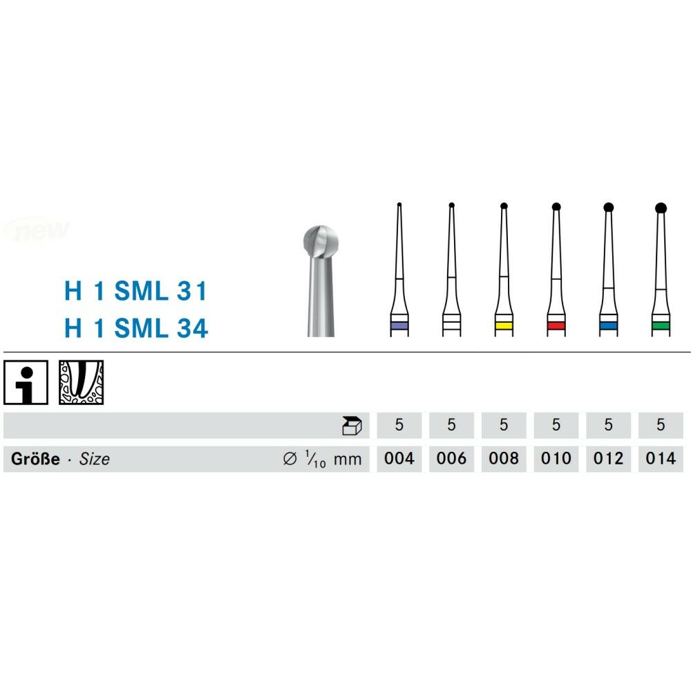 Carbide bur round H 1 SML/006 CA XL Long neck pkg of 1 x 5 each — FI1